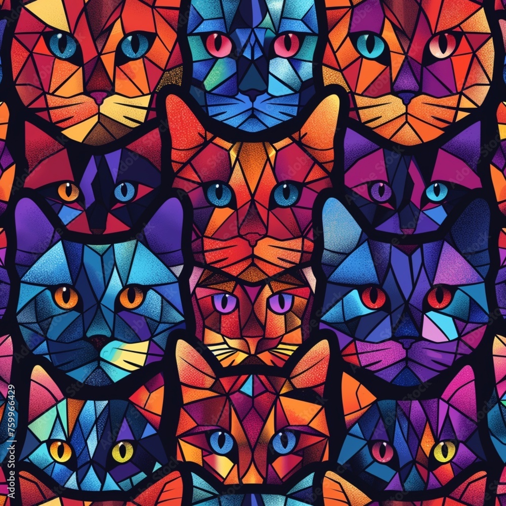 stained glass pattern, seamless pattern of cat Neon Stained Glass ...