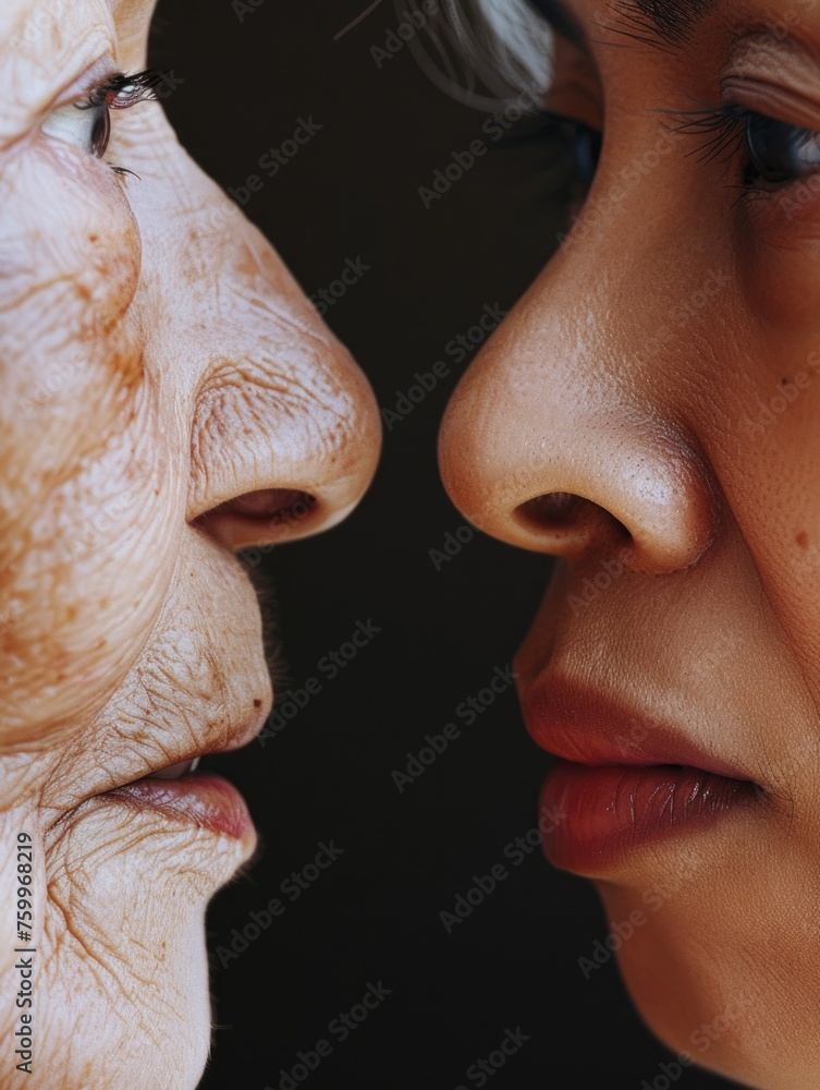 A close-up of two faces side by side, one of an older woman and the ...