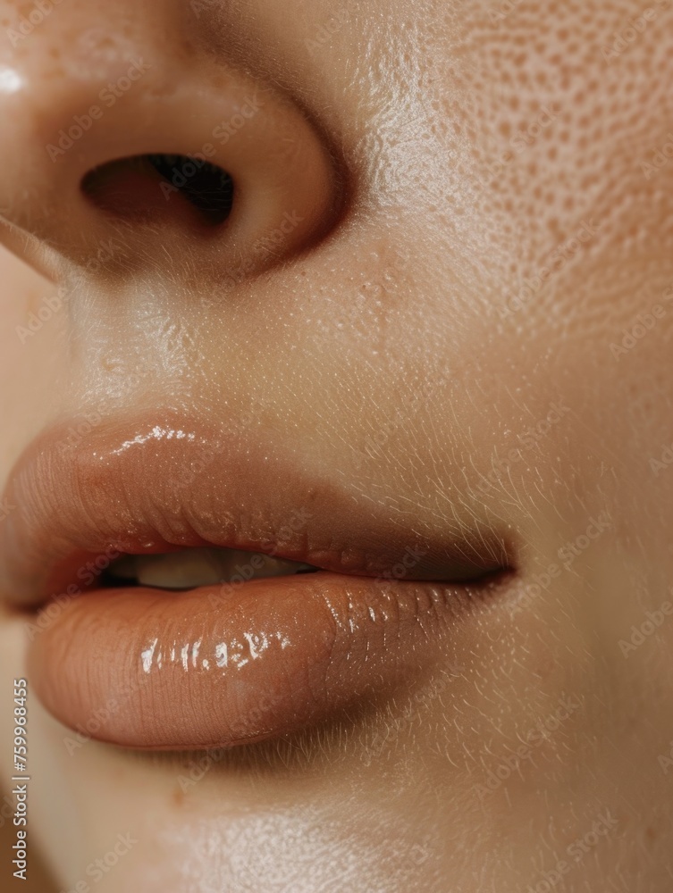 A close-up of the lower half of a person's face, focusing on the nose ...