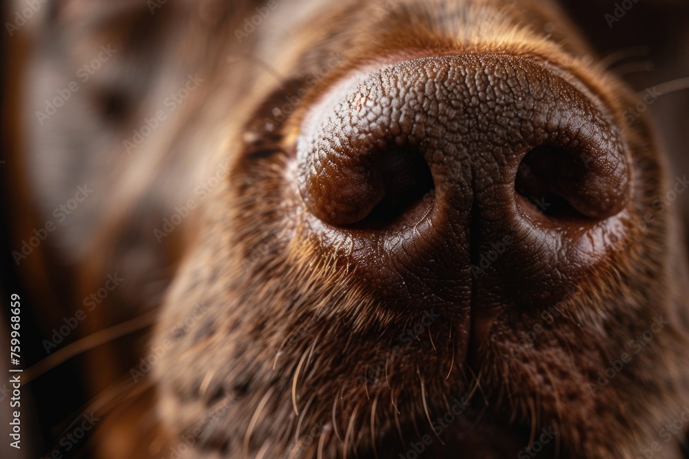 an endearing close-up of a chocolate brown dog's face, focusing ...