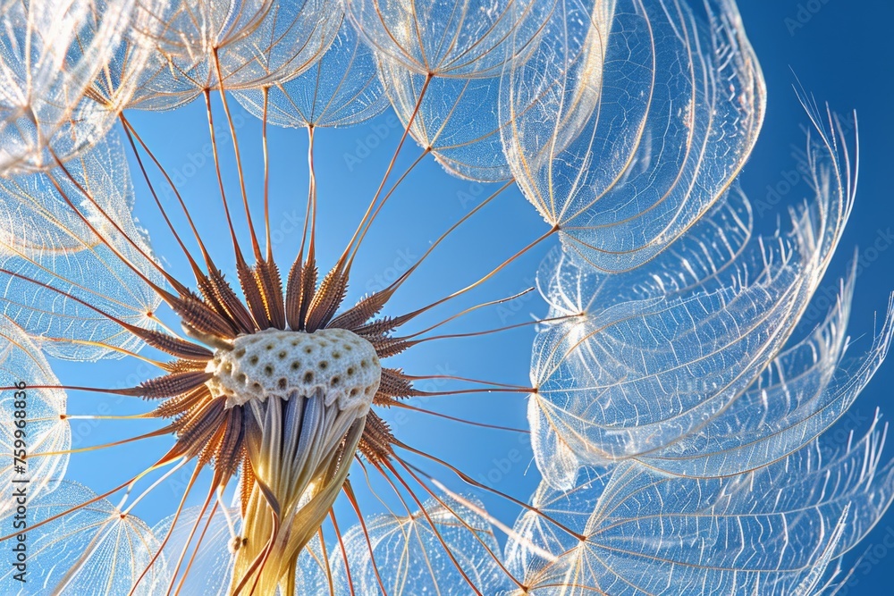 the intricate structure of a dandelion seed head against a clear blue ...