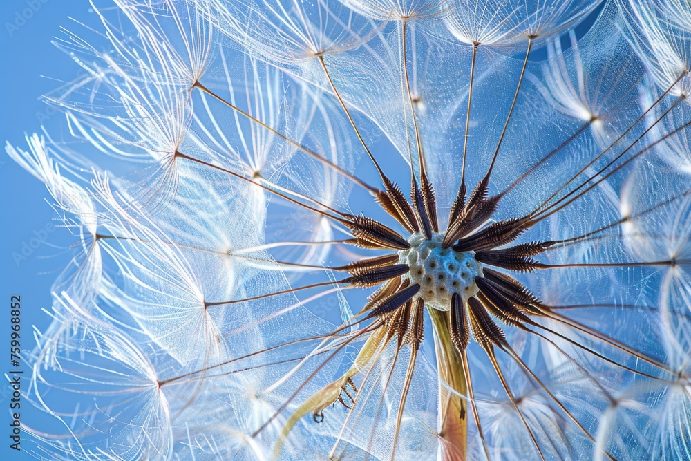 the intricate structure of a dandelion seed head against a clear blue ...