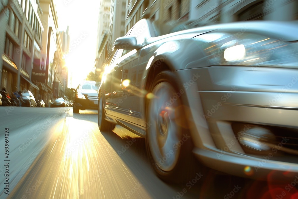 A dynamic street-level view of a silver car in motion, with its ...