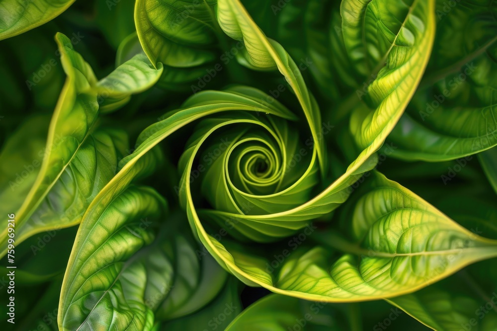 The focus is on the swirling patterns of a green plant's foliage. The ...