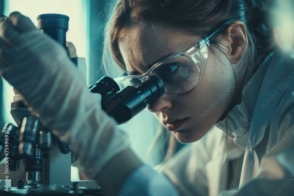 A scientist, likely a woman based on the visible profile, is intensely ...