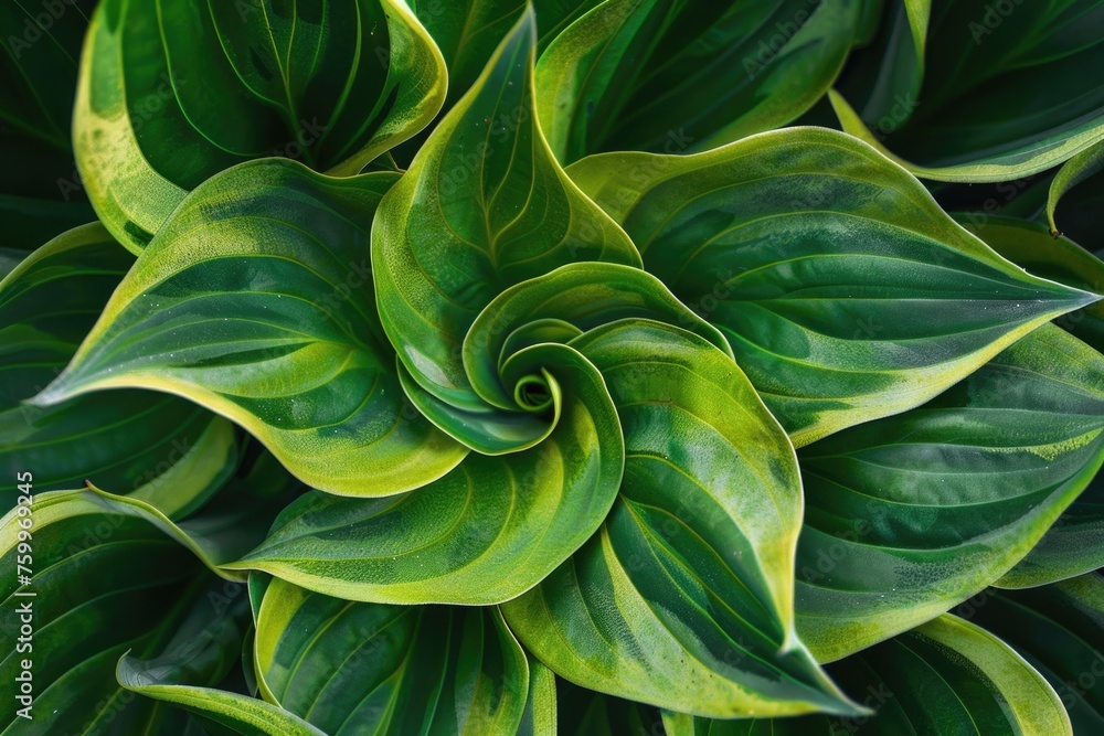 The focus is on the swirling patterns of a green plant's foliage. The ...