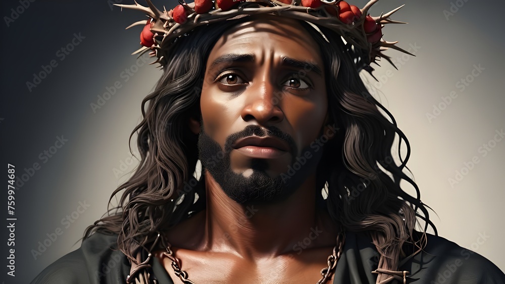 Portrait of black Jesus Christ with a crown of thorns on his head ...