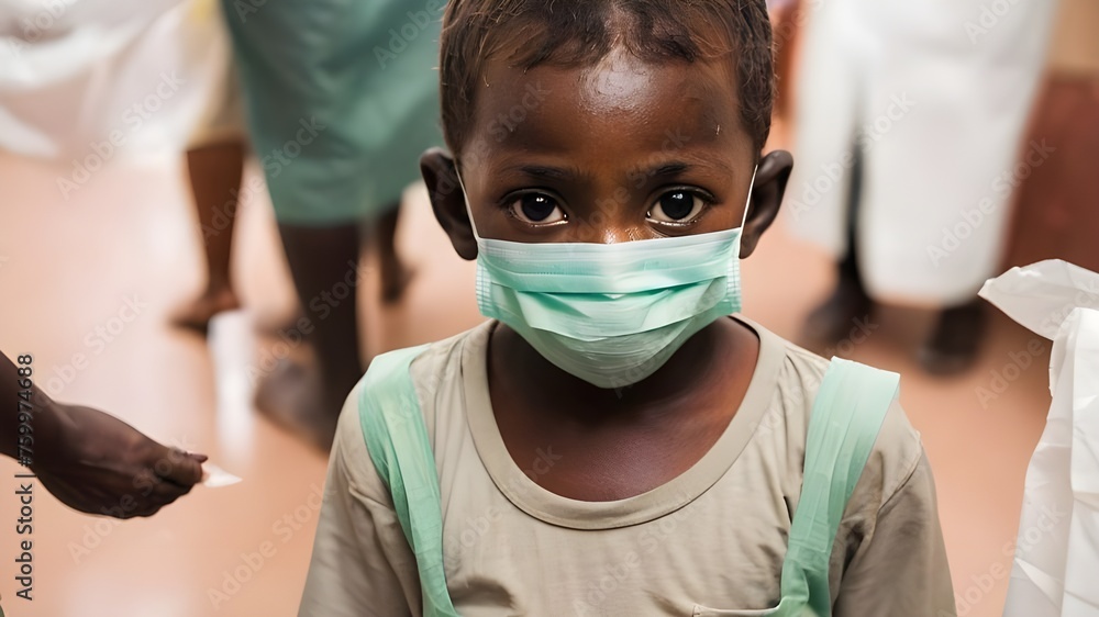 Closeup of poor child wearing a dirty mask to prevent from virus ...