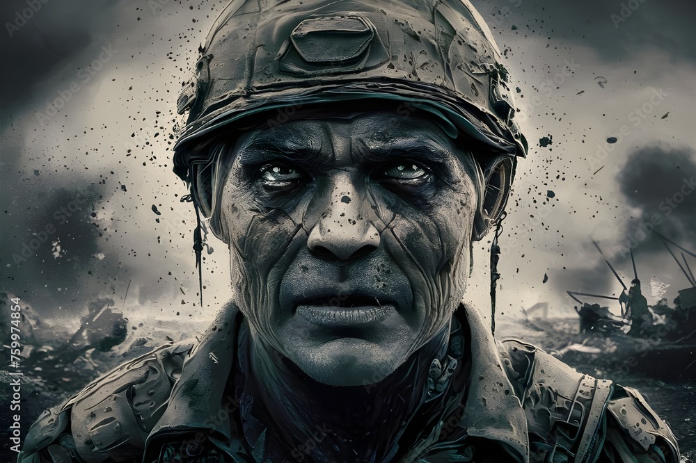 Shocked army soldier after fighting in war, emotionally sad and ...