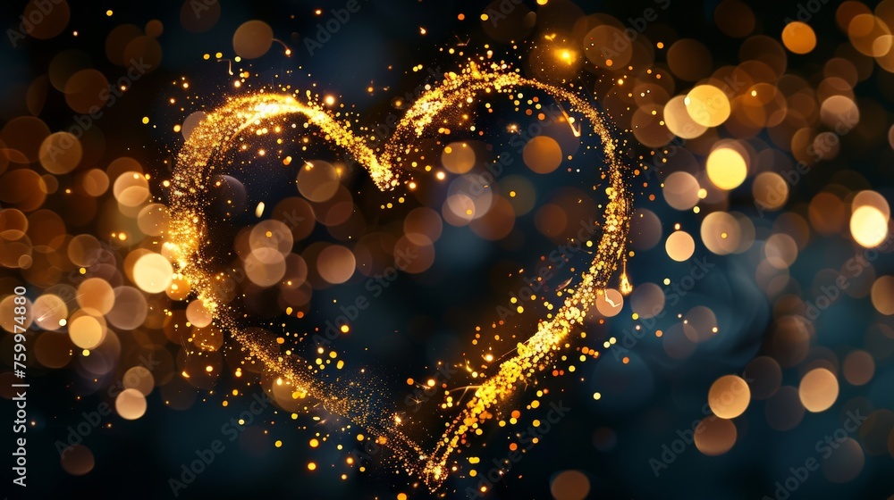 Glowing golden light particles form a heart shape, creating a ...
