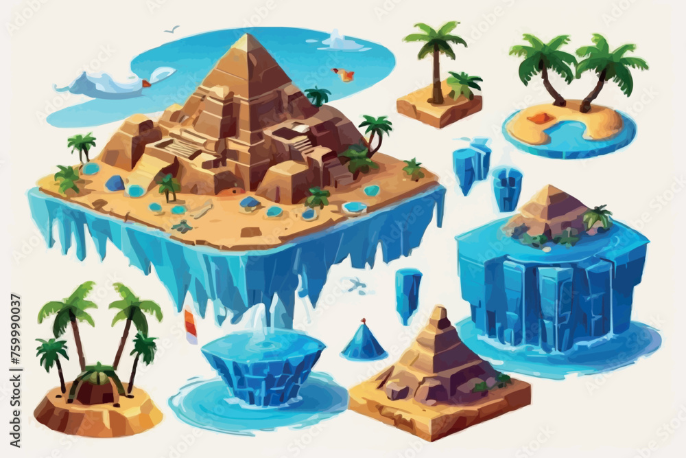 Game island, vector isometric 3D floating land, jungle palm, Egypt ...