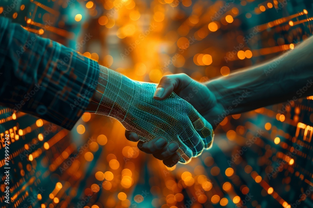 Handshake between two individuals in front of a vibrant, futuristic ...