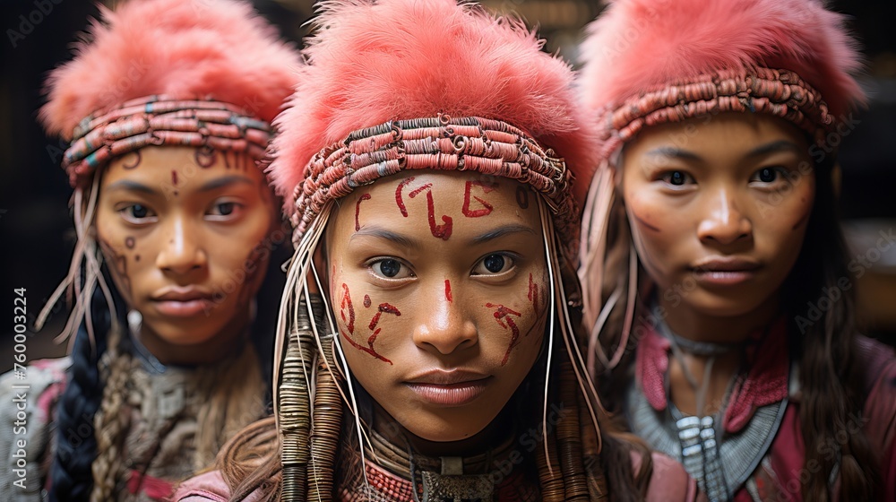 Three people with traditional jewelry and headdresses, representatives ...