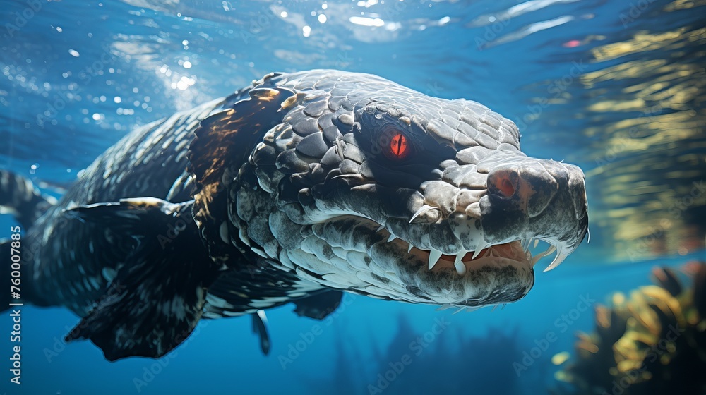 Colorful tropical predatory fish swims in clear fresh water among ...