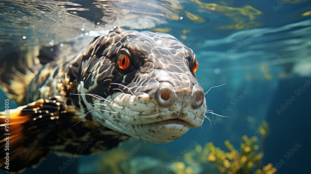 Colorful tropical predatory fish swims in clear fresh water among ...
