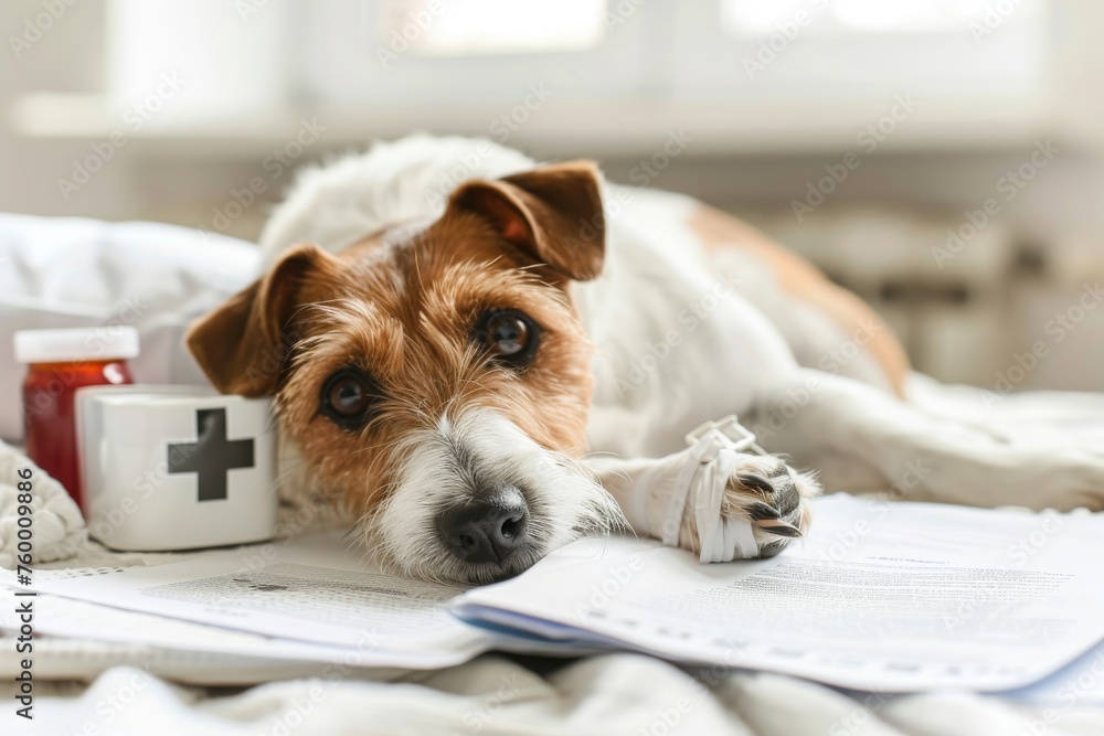 Dog with bandaged paw lies on the table with first aid kit and ...