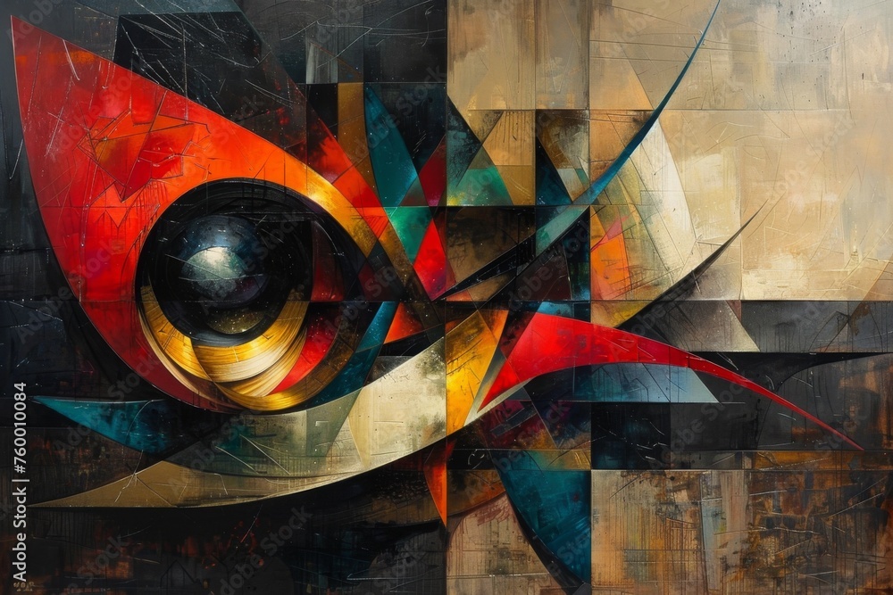 Abstract painting of an eye-like structure in bold red, black, and gold ...