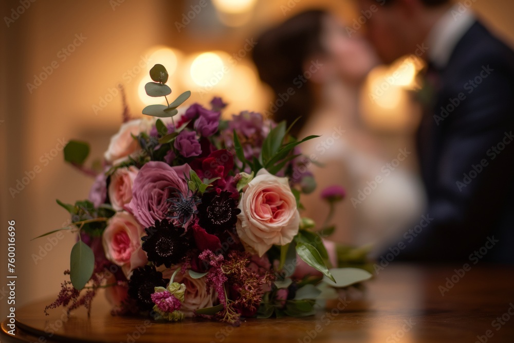 Close-up of the bouquet with a blurry couple kissing, couple kissing ...