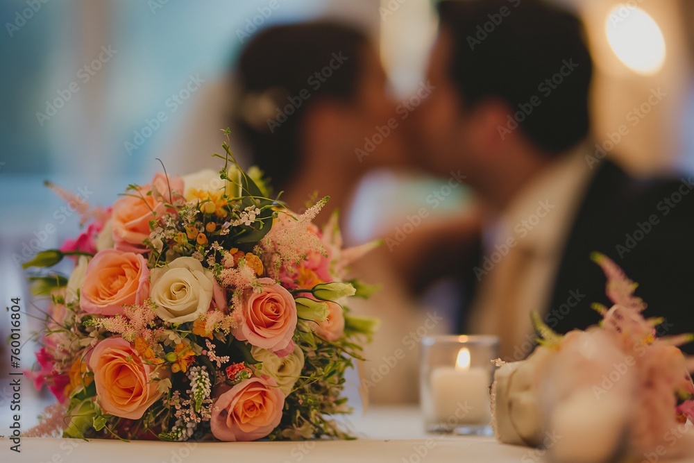 Close-up of the bouquet with a blurry couple kissing, couple kissing ...