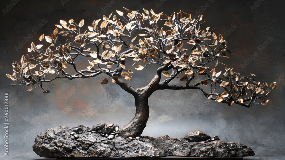 A sculptural artwork of a tree, exquisitely crafted with metallic ...