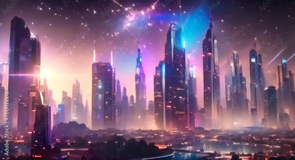 Futuristic urban animation with deep space galaxy and futuristic city ...