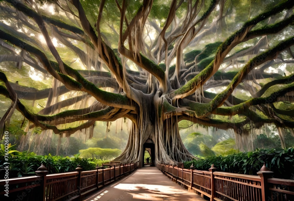 A sprawling banyan tree with its aerial roots descending from the ...