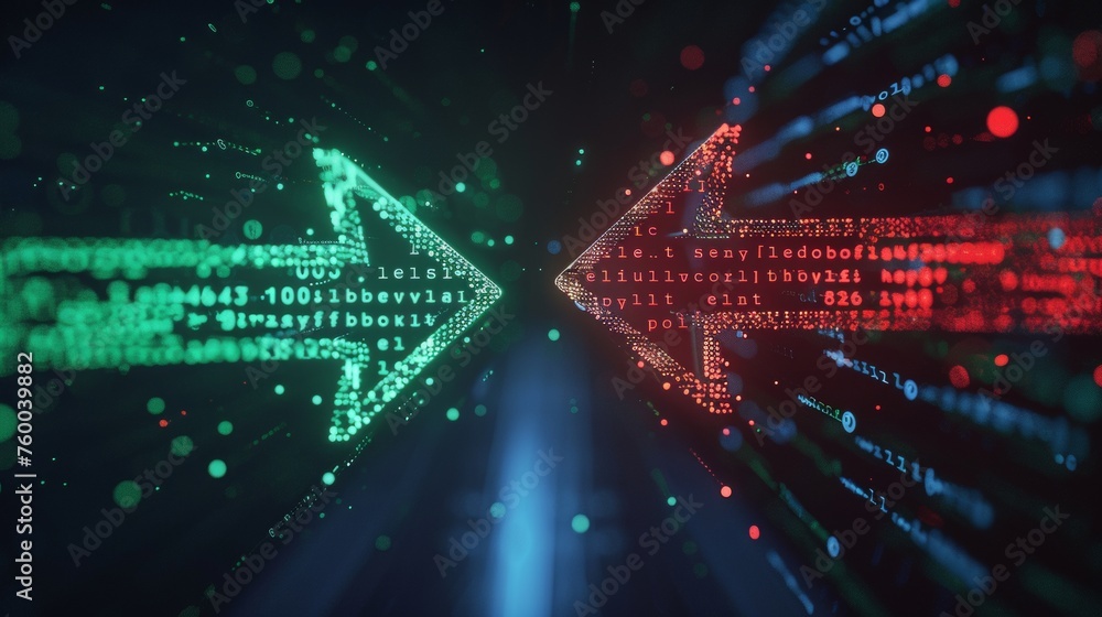 The transfer of data. Two left and right arrows with green and red dots ...