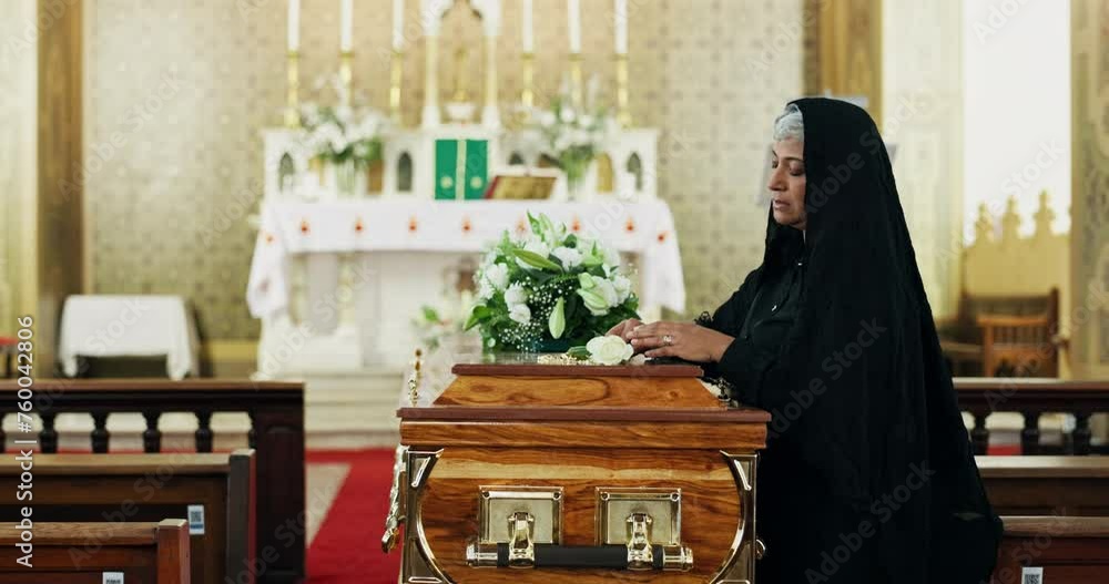 Sad, coffin and mourning with widow at funeral for grief, loss of pain ...