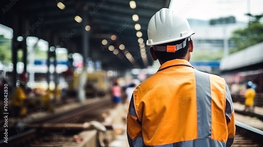 Back side view engineer under inspection and checking construction ...