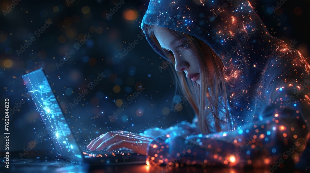 Using a laptop, a girl hacker has on a hoodie with her laptop. Abstract ...