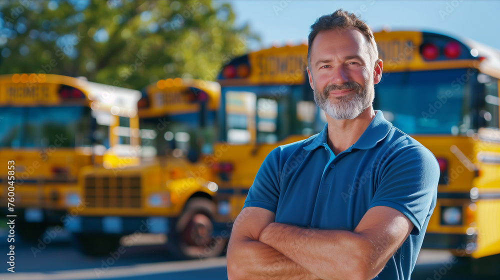 Caucasian male school bus driver is crossing his arms in confidence ...