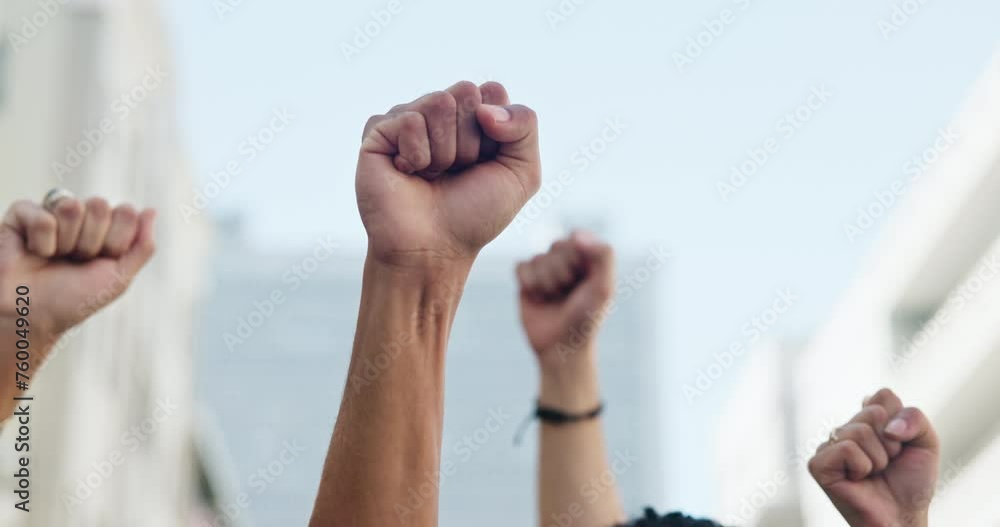 Protest group, sky and fist of people for solidarity, equality and ...