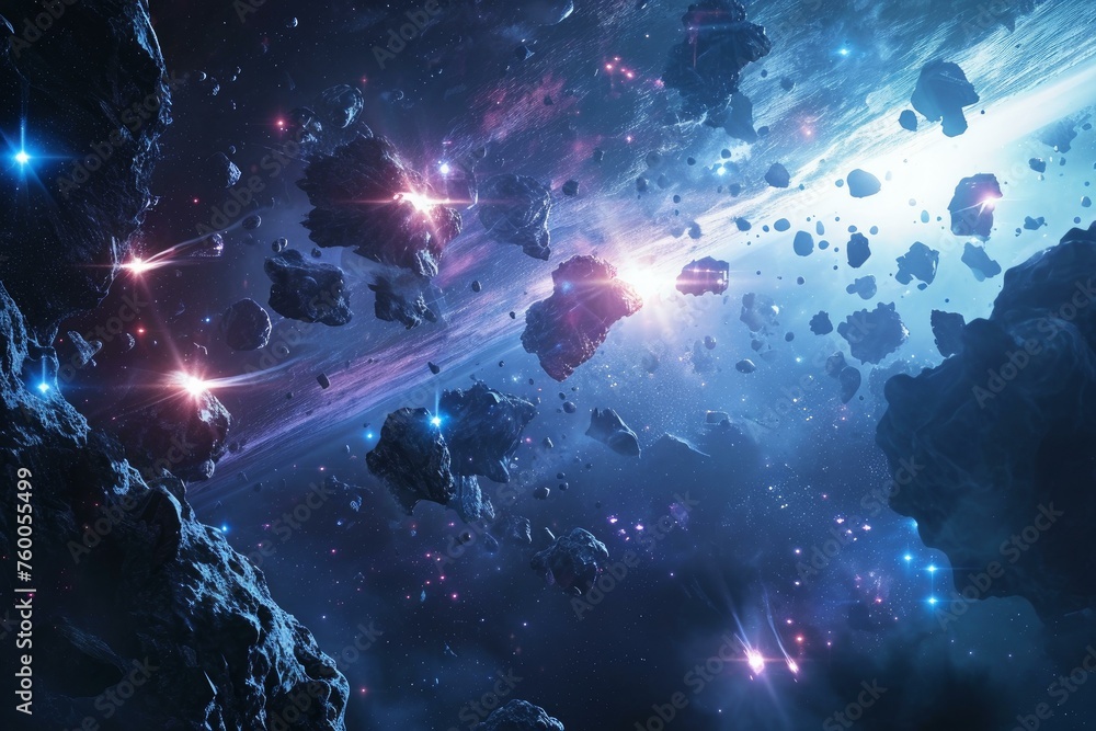 Various asteroid rocks flying on space field. Galaxy dangerous minor ...