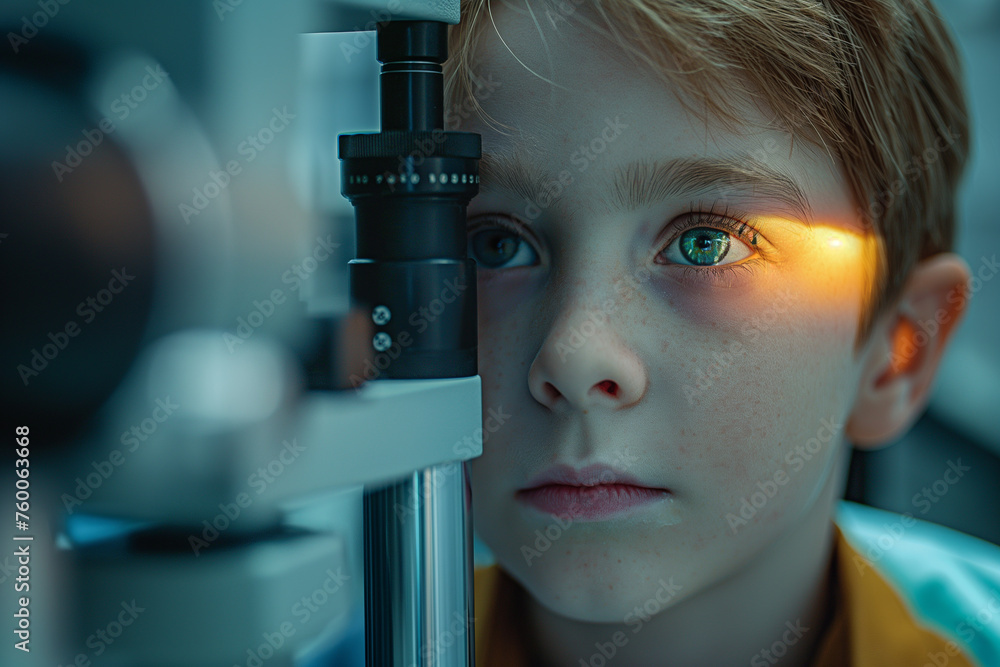 eye examination of a boy child. eye vision analysis. pediatric ...