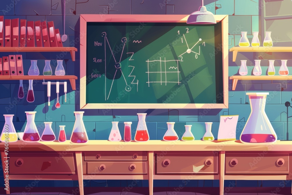 Cartoon illustration of an empty classroom with a blackboard with ...