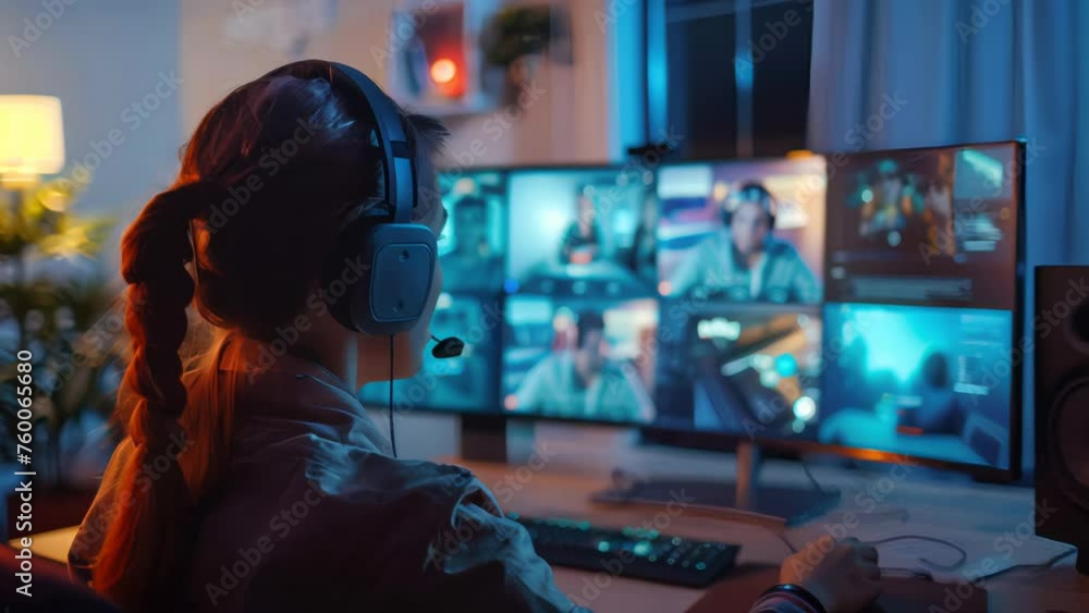 Female streamer interacting with viewers on a live video game broadcast ...