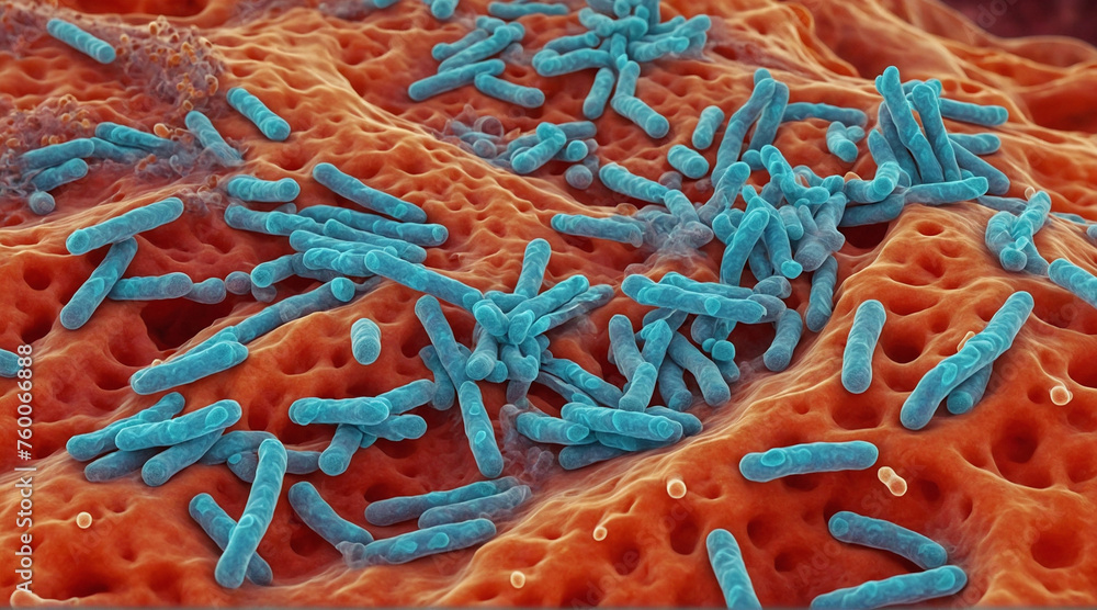 Foto de Microscopic view of bacterium Mycobacterium tuberculosis inside human body, model of ...