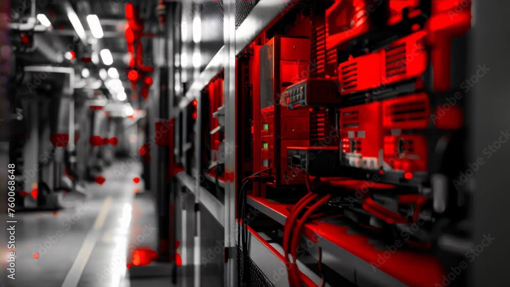 Selective color of red server racks in a data center. Technology and ...