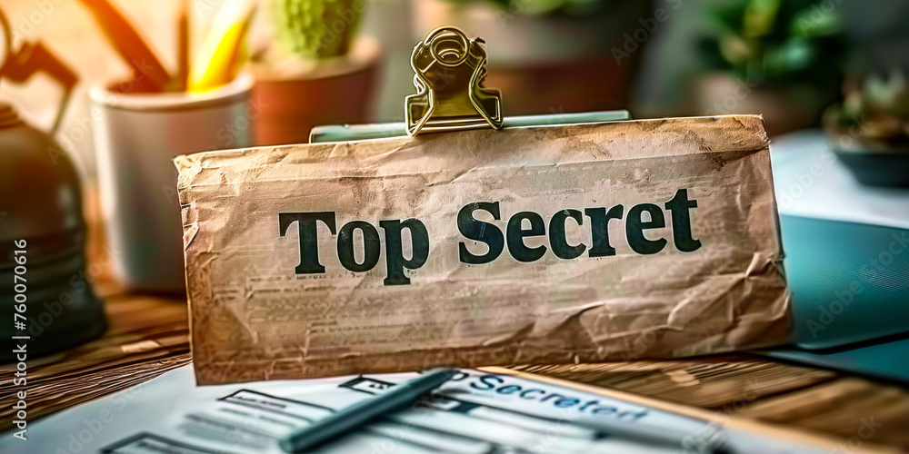 Classified document labeled Top Secret on an office desk, indicating ...