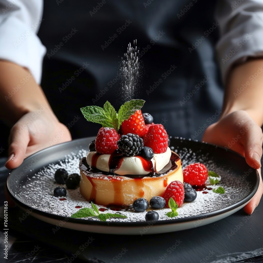 Savor the art of dessert. A chef's hands present a stunning berry ...