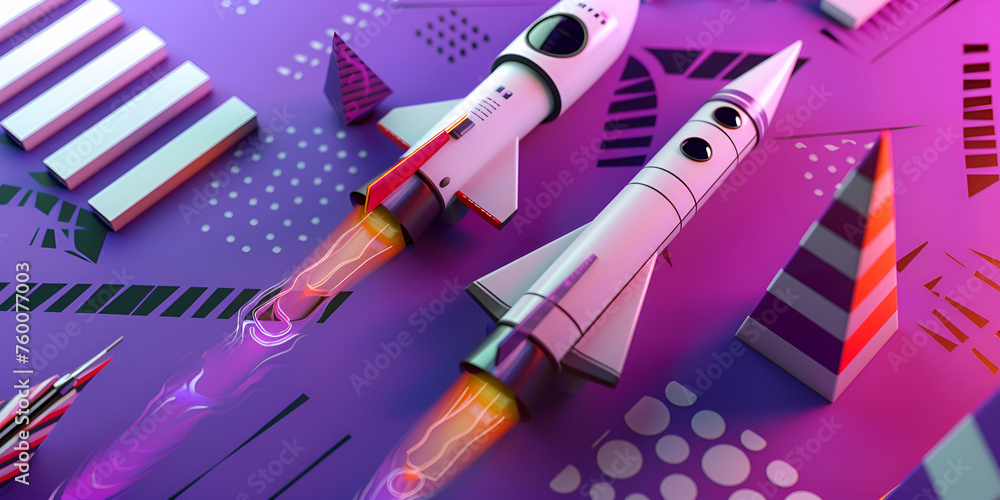 Toy-like rockets launch on a fantastical purple background. White ...