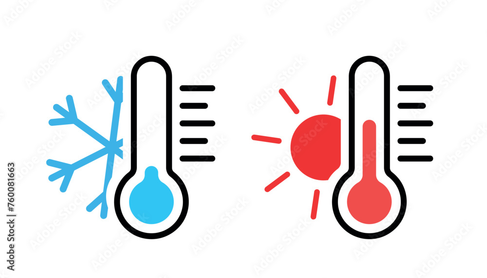 thermometer icon cold and heat, temperature scale symbol, cool and hot ...