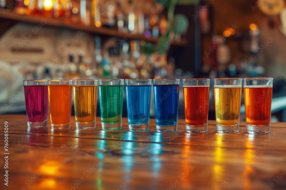 Row of colorful shot glasses on a bar, concept of variety and ...