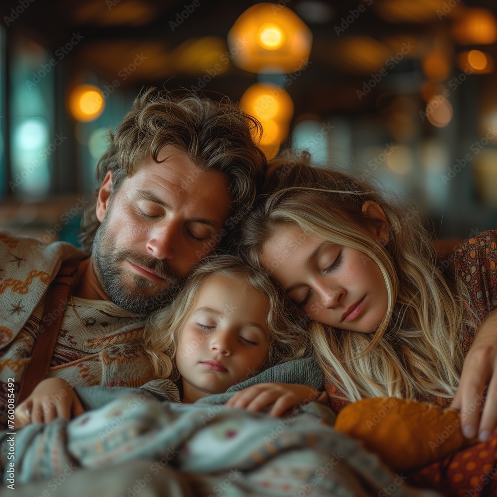 Cozy family moment with a father and two children asleep, depicting ...