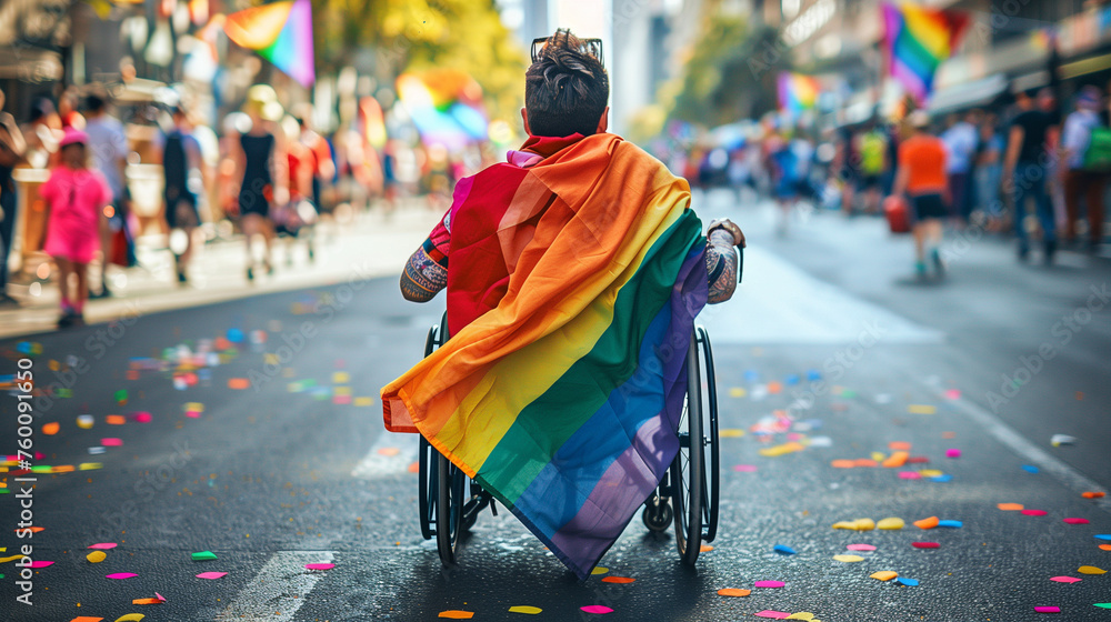 Inclusive image of a disabled homosexual man in a wheelchair wearing a ...