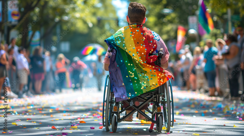 Inclusive image of a disabled homosexual man in a wheelchair wearing a ...