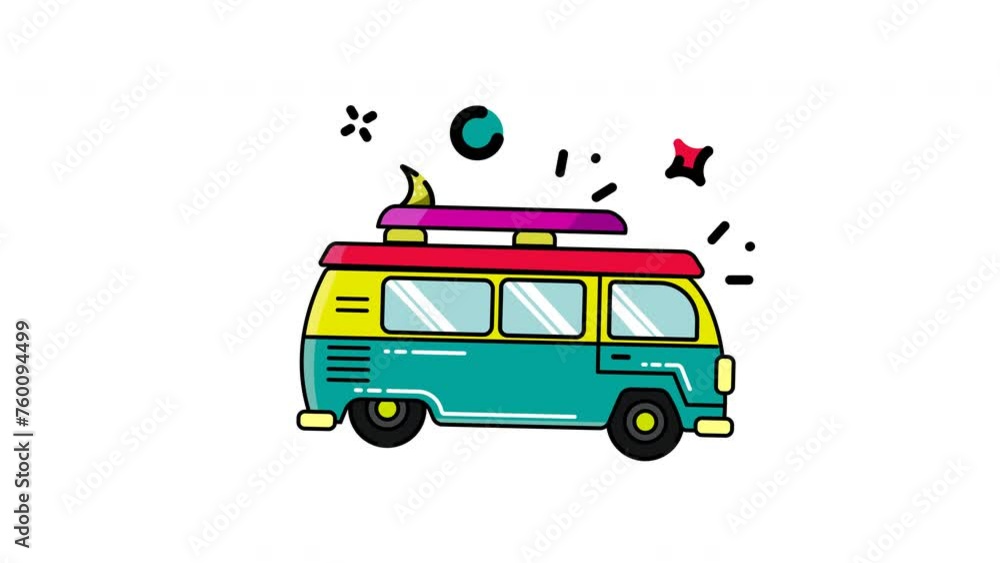 Animated Van with surfboard on top suitable for travel, adventure ...