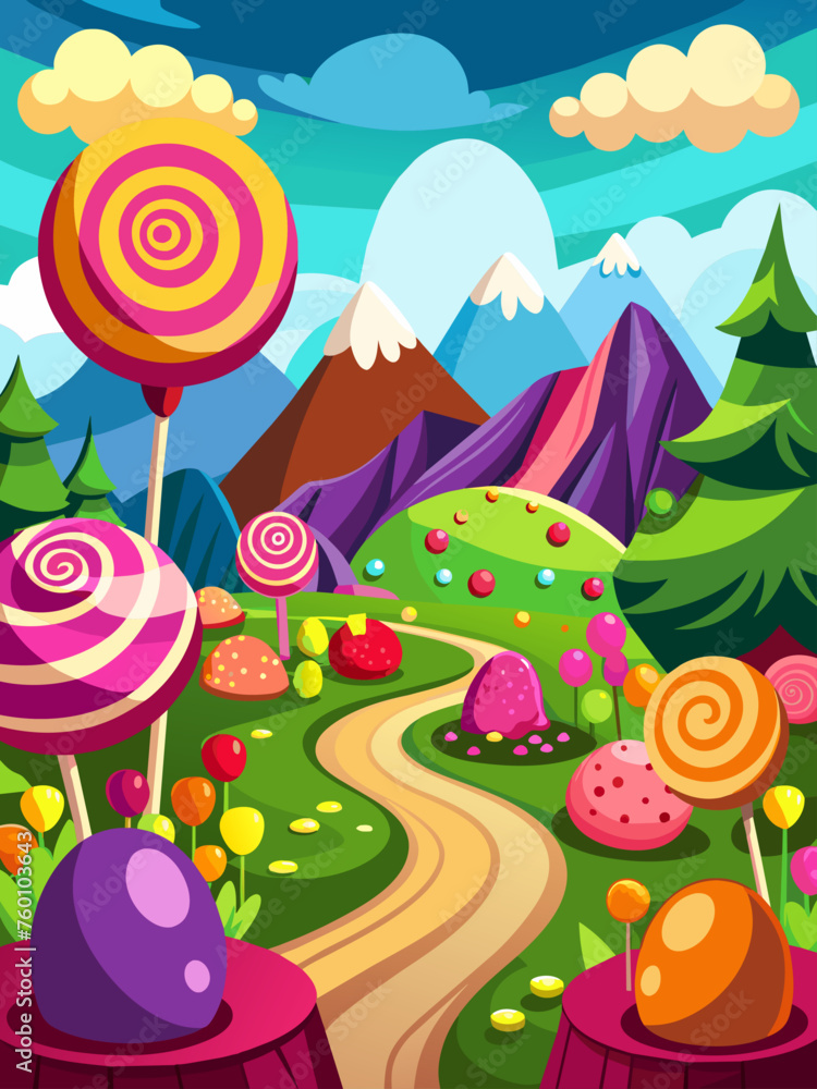 Candy vector landscape background featuring brightly colored candies ...