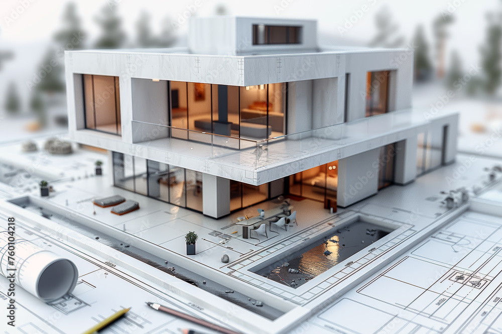 Construction blueprints or construction drawings and miniature models ...