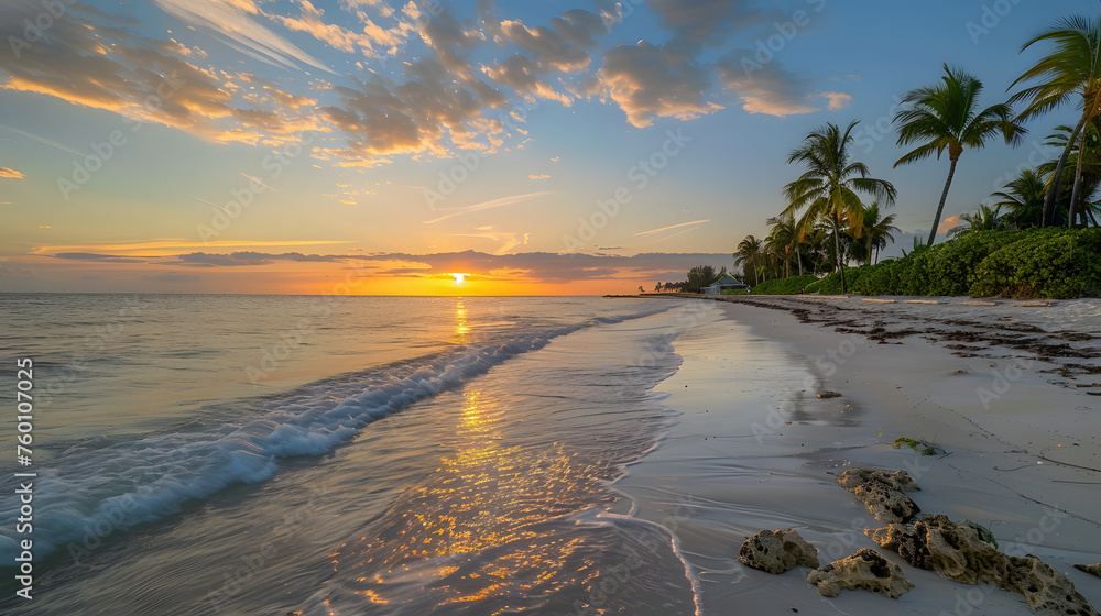 Paradis tropical serein : un panorama fascinant au coucher du soleil ...